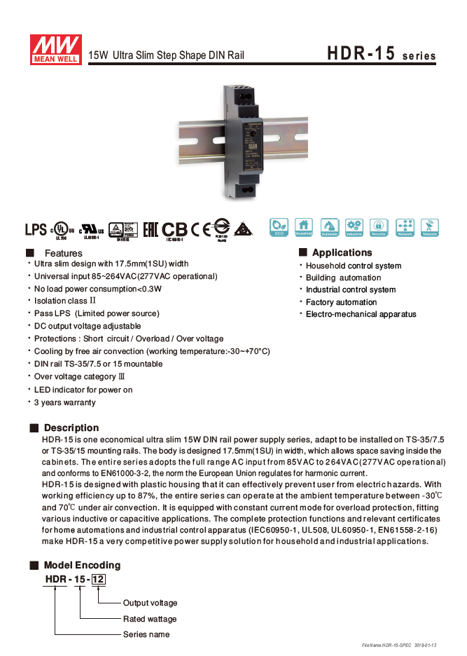 Meanwell HDR-15-12 | 12V 1.25A DIN Rail Power Supply
